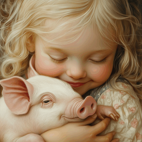 Little girl with baby pig - Jolly Wrinkles