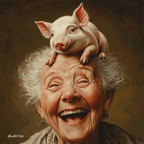 Old Woman with baby pig - Jolly Wrinkles